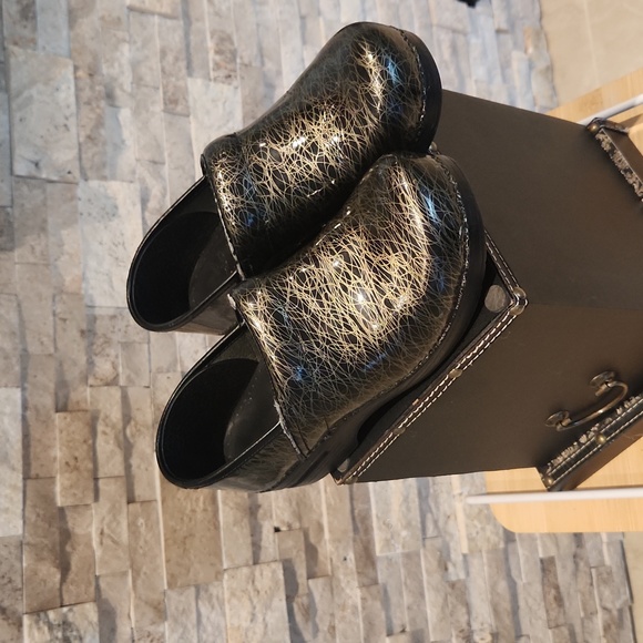 Dansko | Shoes | Dansko Professional Black And Gold Swirl Patent Clog ...